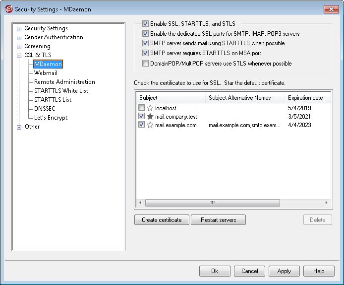 How do I enable and configure SSL & TLS for SMTP, POP3, and IMAP in MDaemon